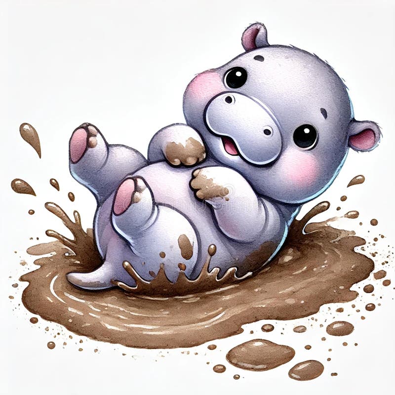 Cute Cartoon Hippo Happily Splashing in Mud Stock Illustration ...