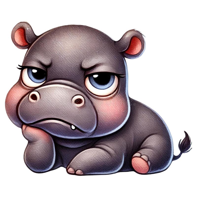 Cute Cartoon Hippo Laying Down with a Disgruntled Expression Stock ...