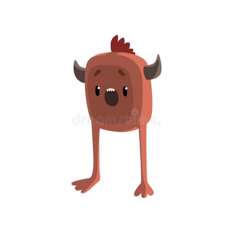 Cute Cartoon Horned Brown Monster Character With Funny Face Vector Illustration On A White
