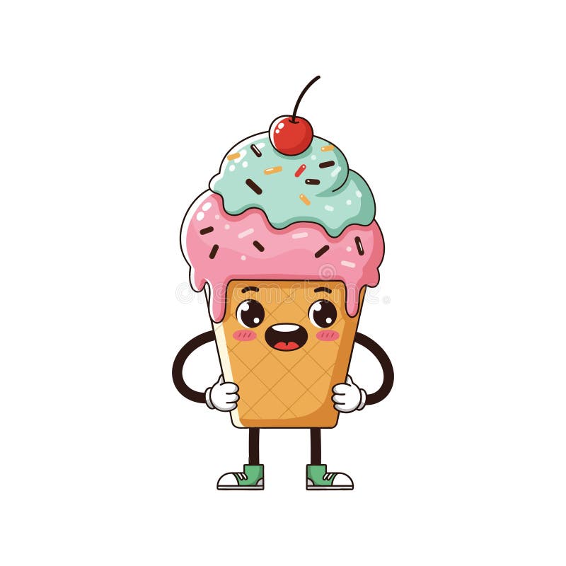 Cute Cartoon Ice Cream Cone Character in Flat Vector Art Stock Vector ...