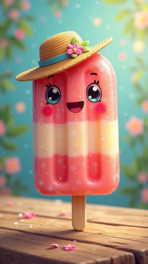 Cute Cartoon Ice Pop with Hat and Smiling Face in Floral Background ...