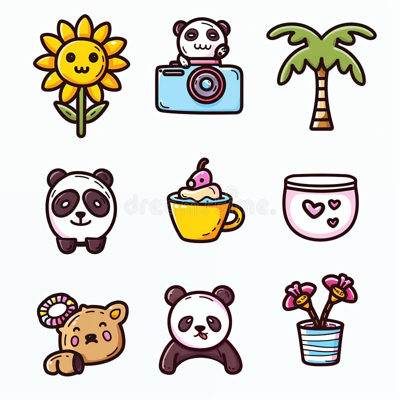 Cute Cartoon Icons of Panda Flower Camera Cup and More Stock ...