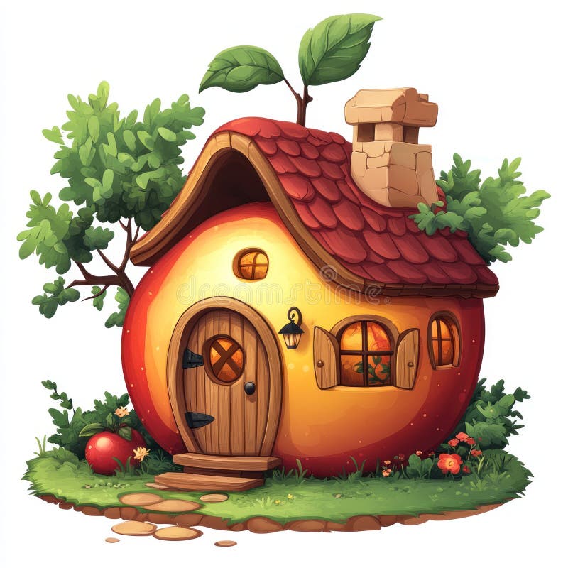 Cute Cartoon Illustration of an Apple Shaped House Stock Illustration ...