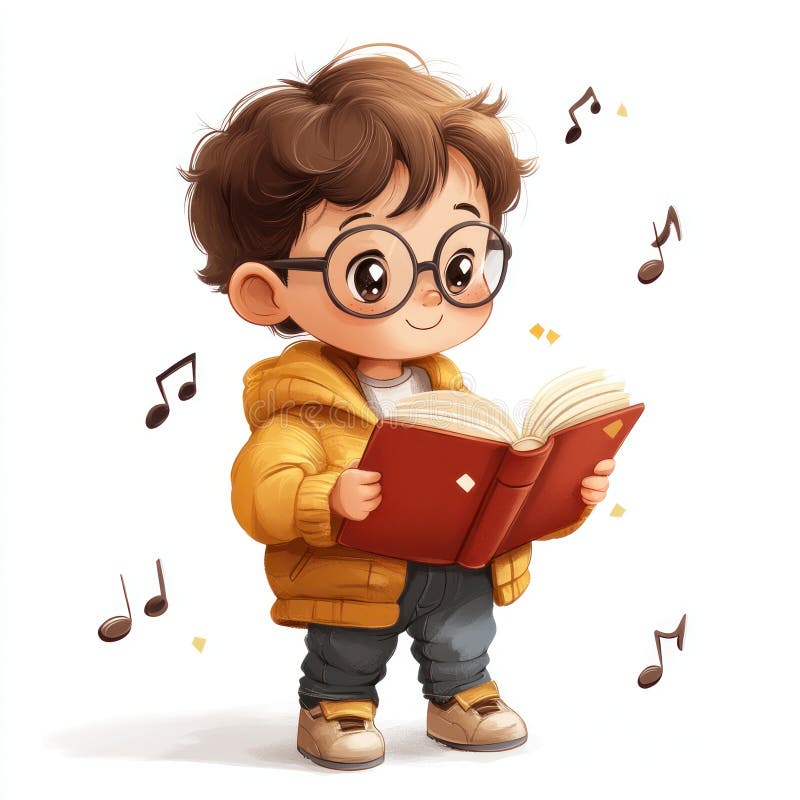Cute Cartoon Illustration of a Boy Reading a Book with Music Notes ...