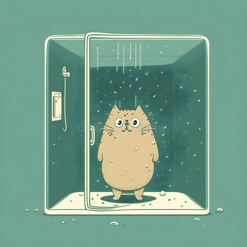 Cute Cartoon Illustration of a Cat Taking a Shower Stock Illustration ...