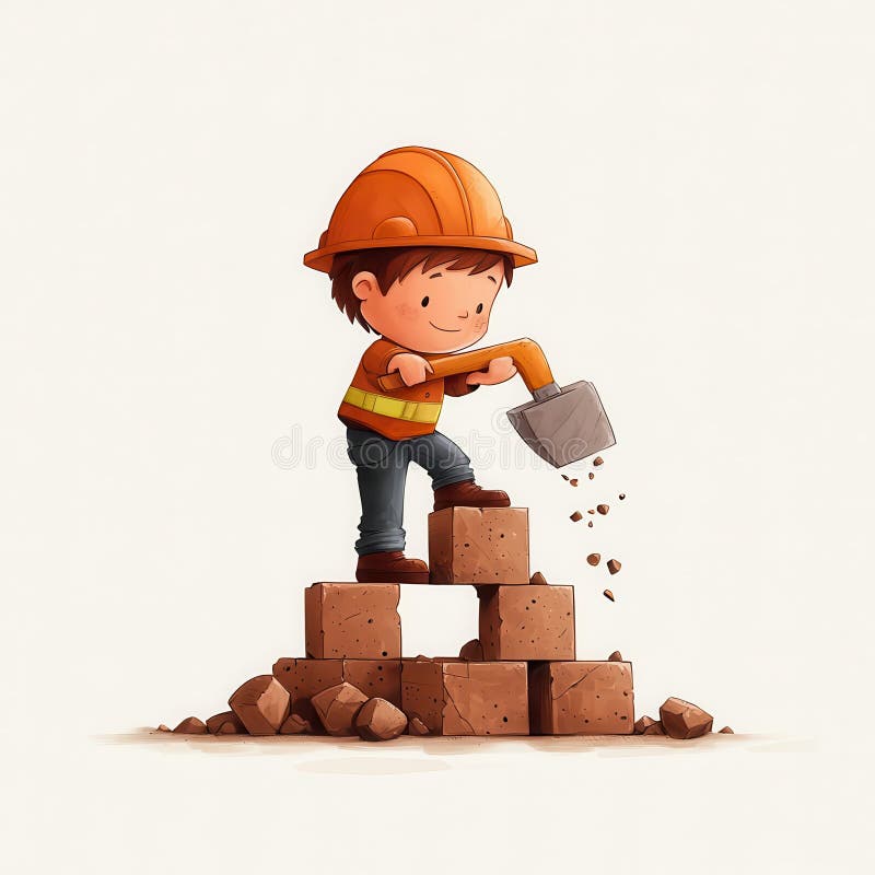 Cute Cartoon Illustration of a Construction Worker Building with Bricks ...