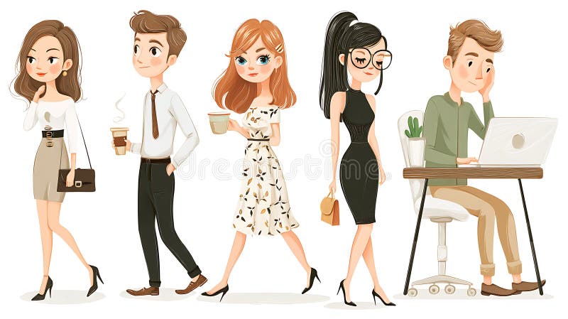 Cute Cartoon Illustration of Diverse Office Workers Walking and Working ...