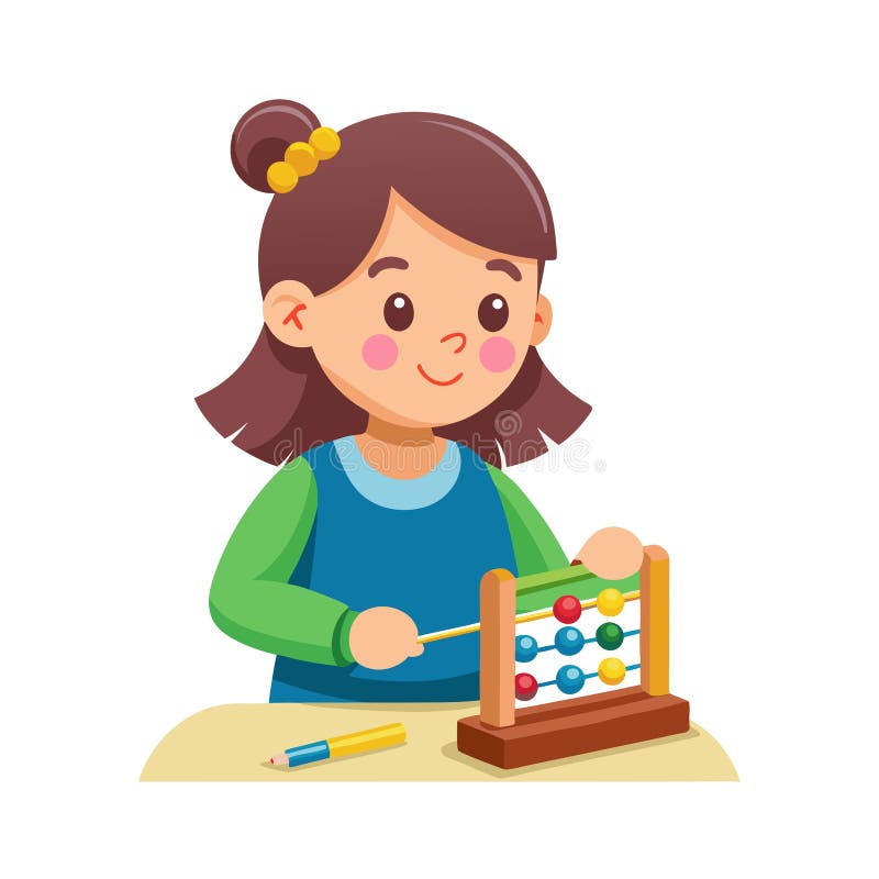 Girl Learning Math with Abacus: Cute Cartoon Illustration for Education ...