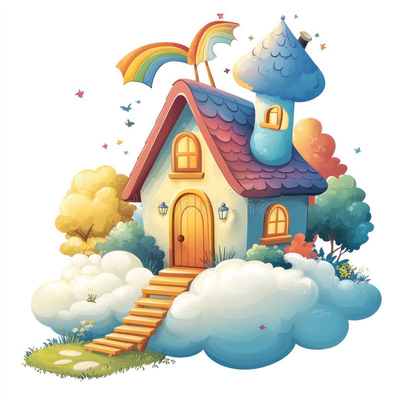 Cute Cartoon Illustration of a House on Clouds with a Rainbow Stock ...