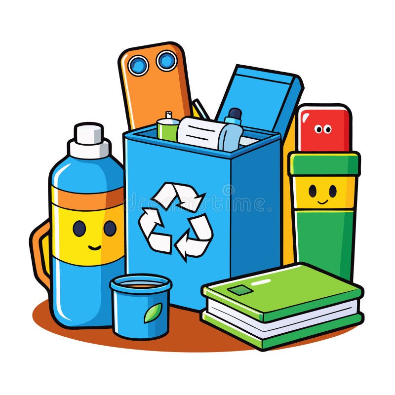 Cartoon Recycling Bin with Smiling Objects on Transparent Background ...