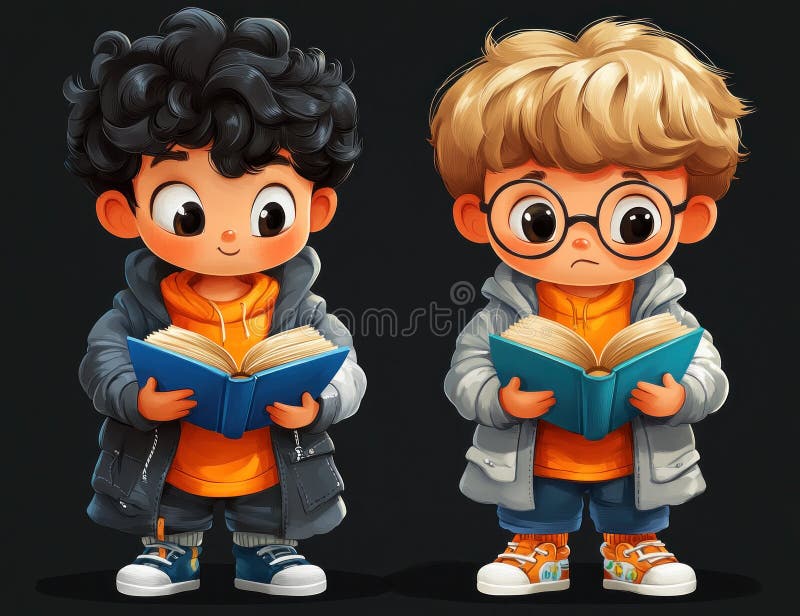 Two Boys Reading Books in Park Stock Vector - Illustration of drawing ...