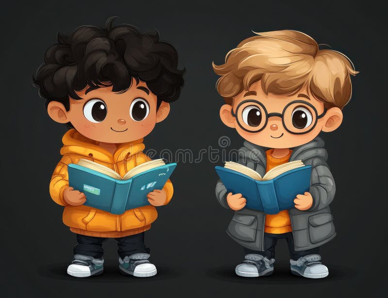 Cute Cartoon Illustration of Two Boys Reading Books Stock Illustration ...