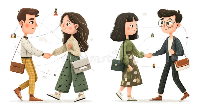 Cute Cartoon Illustration of Two Couples Walking Hand in Hand Stock ...