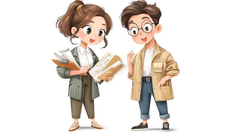 Cute Cartoon Illustration of a Young Couple Collaborating on a Project ...
