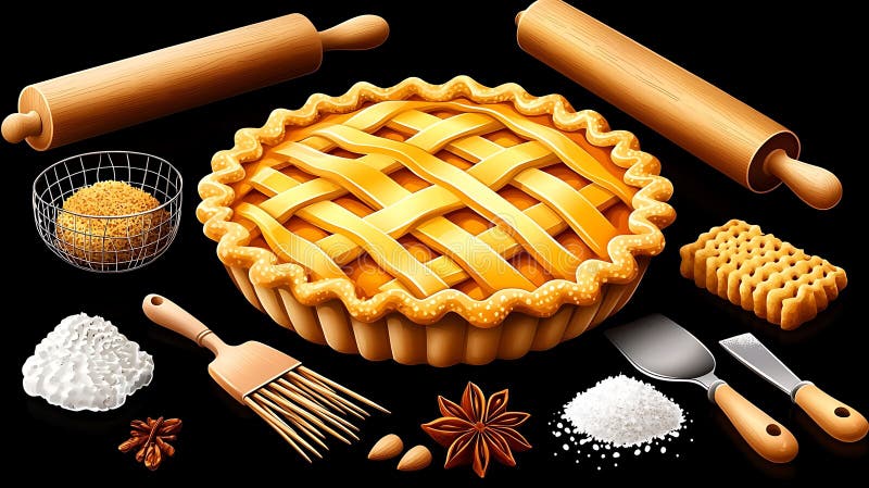 Cute Cartoon Pie with Lattice Crust and Baking Tools Stock Illustration ...