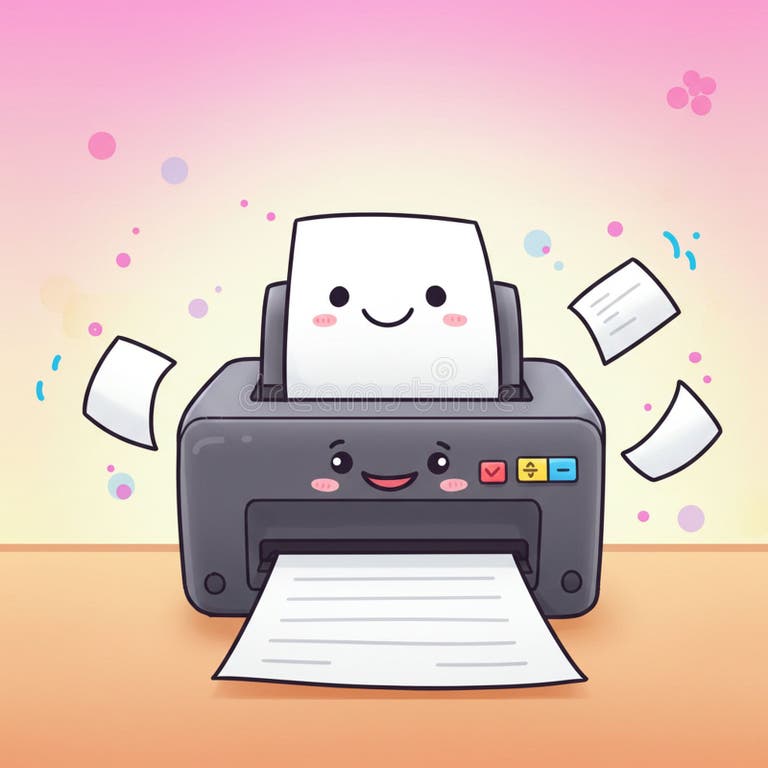A Cute Cartoon Image of a Smiling Printer and Papers. the Gray Printer ...