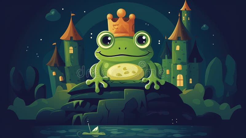 A Cute Cartoon Inspired Frog King in Front of His Castle at Night, Ai ...