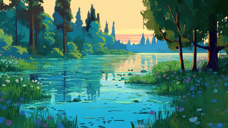A Cute Cartoon Inspired Lake Wallpaper, Ai Generated Image Stock ...