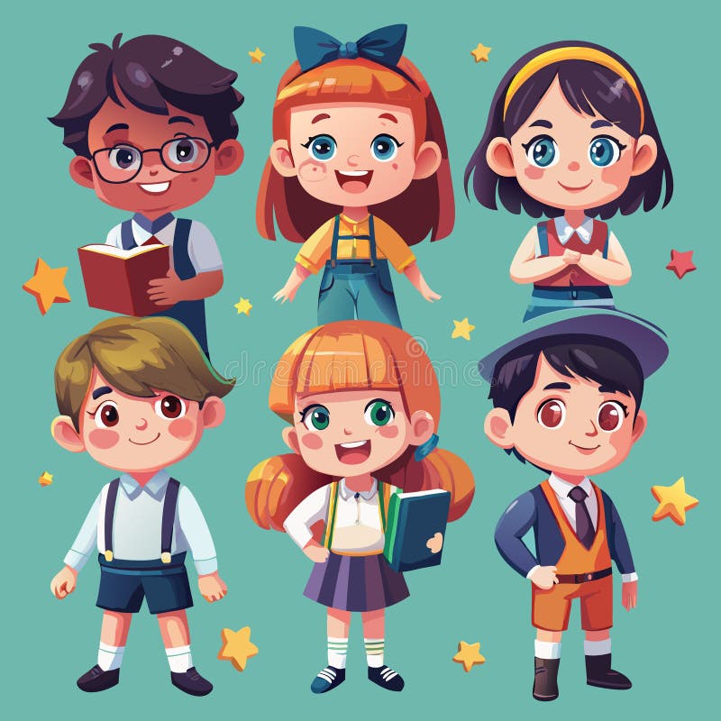 Cute Cartoon Kids with Book Stock Vector - Illustration of pupil, group ...