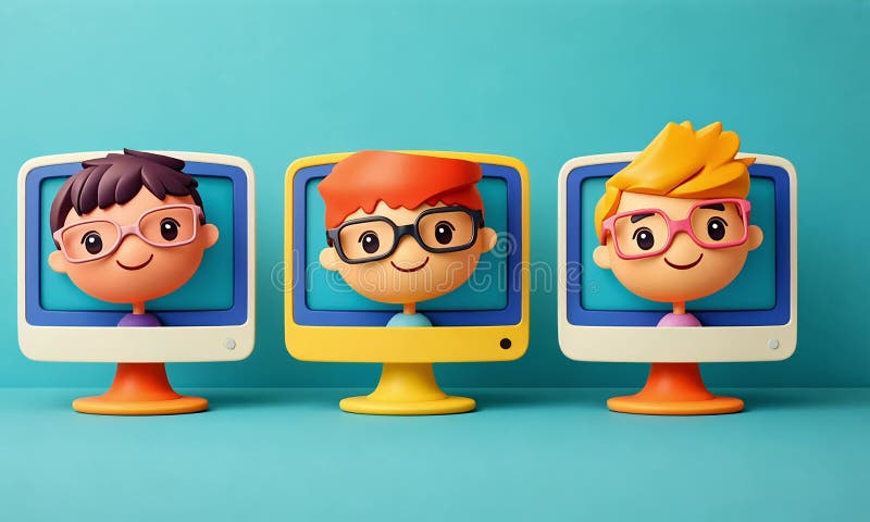 Cute Cartoon Kids on Computer Screens Stock Footage - Video of ...