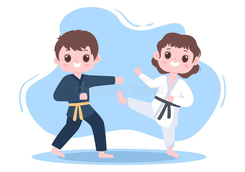 Cute Cartoon Kids Doing Some Basic Karate Martial Arts Moves, Fighting ...