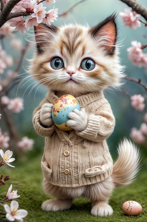 Cute Cartoon Kitten in a Knitted Sweater with an Easter Egg in the ...
