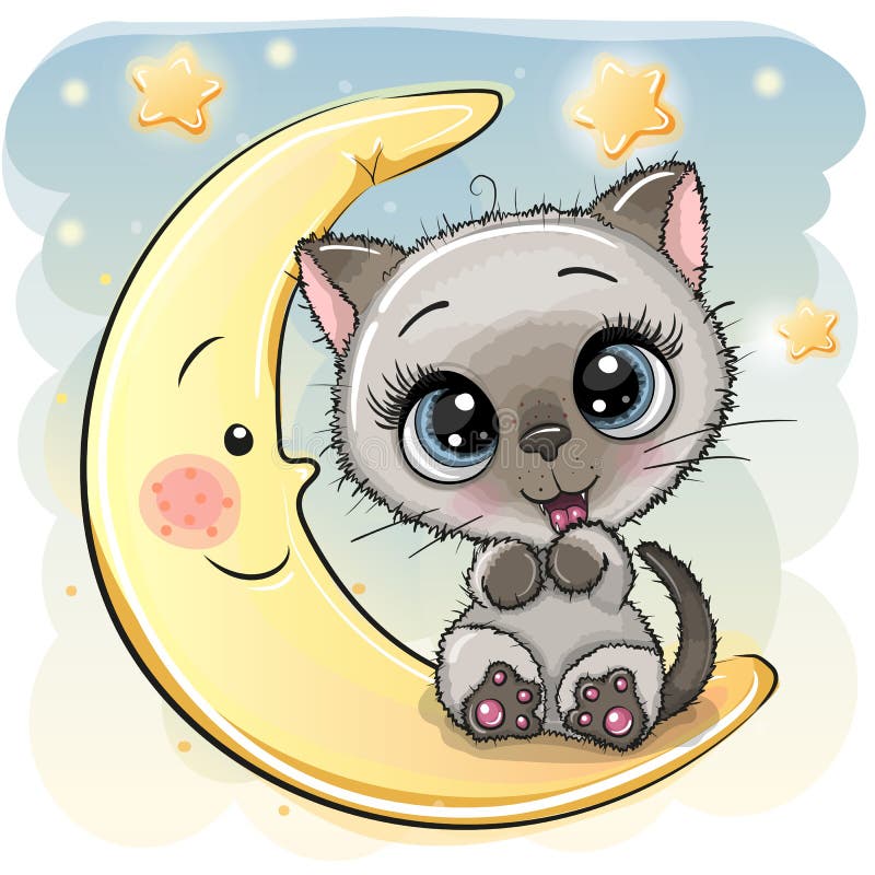 Cartoon Kitten is Sitting on the Moon Stock Vector - Illustration of ...