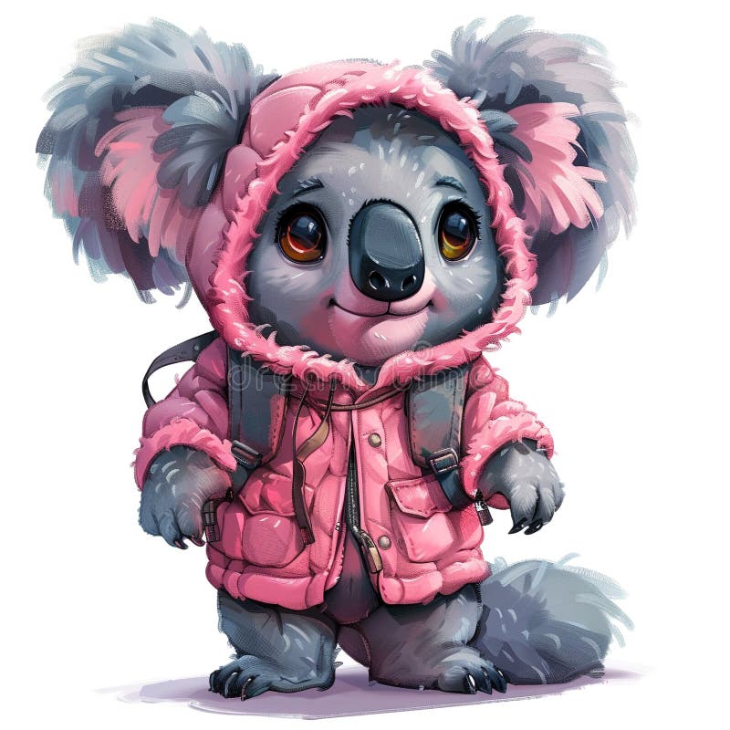 Cute Cartoon Koala in Pink Jacket with Backpack Smiling Cheerfully ...