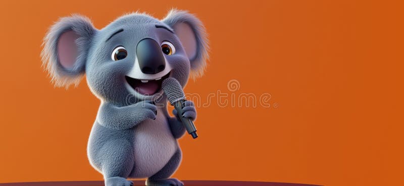 Cute Cartoon Koala Singing with Microphone on Vibrant Orange Background ...