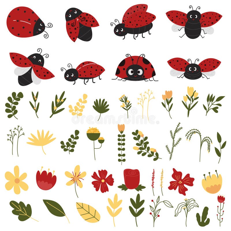 Cute Cartoon Ladybug with Flowers Element Illustration Stock Vector ...