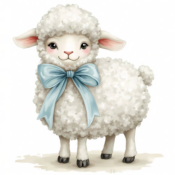 Cute Cartoon Lamb with Blue Bow Stock Image - Image of adorable, ribbon ...