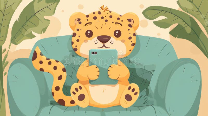 Cute Cartoon Leopard Relaxing on a Couch, Using a Smartphone Stock ...