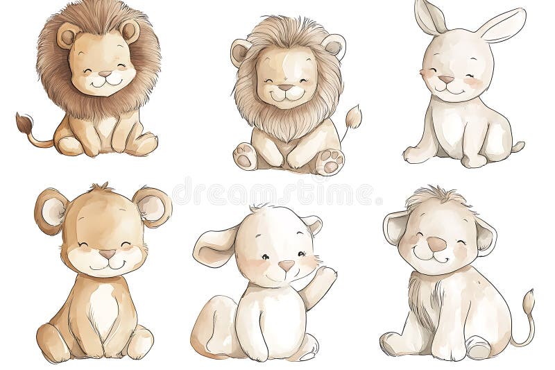 Cute Cartoon Lions and Rabbit Illustrations Stock Illustration ...