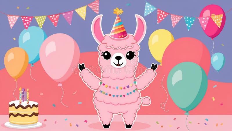 Cute Cartoon Llama with Cake, Birthday Flat Design Illustration Stock ...