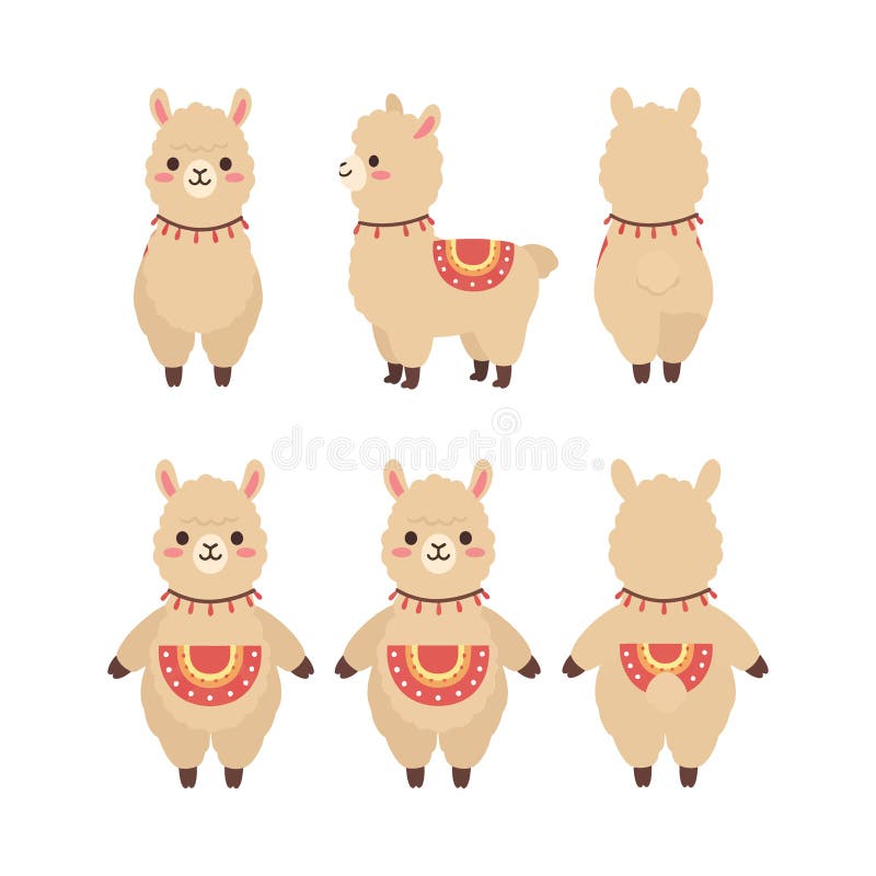 Cute Cartoon Llama Characters in Different Poses Featuring Flat ...