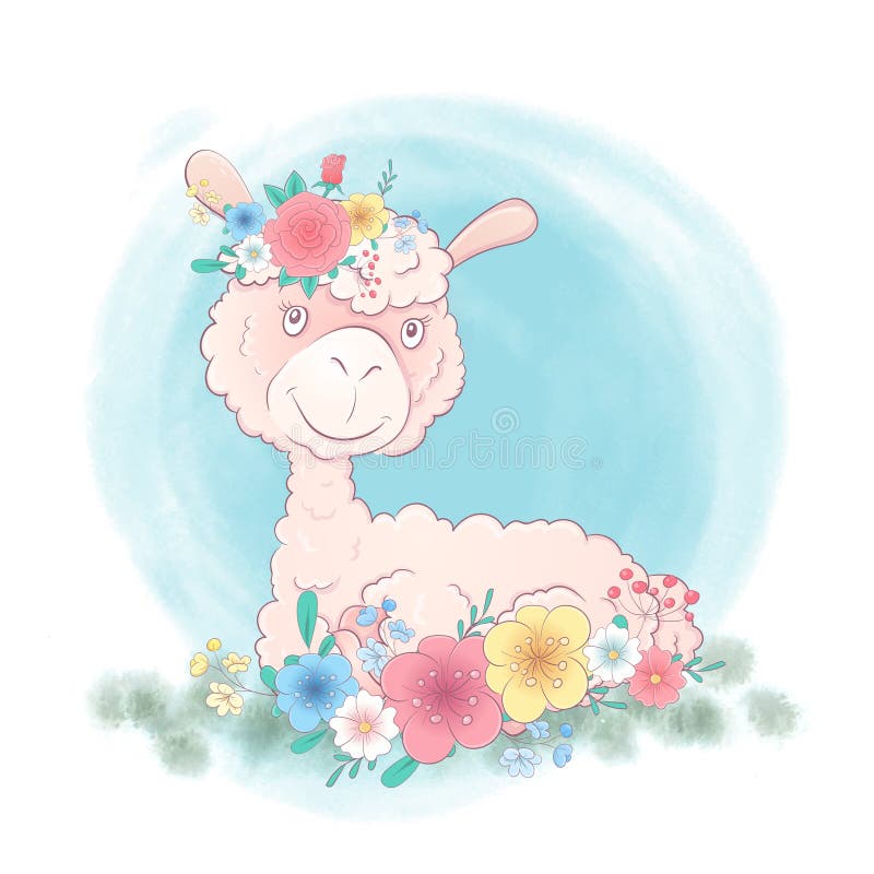 Cute Cartoon Llama in a Wreath of Flowers. Vector Illustration Stock ...