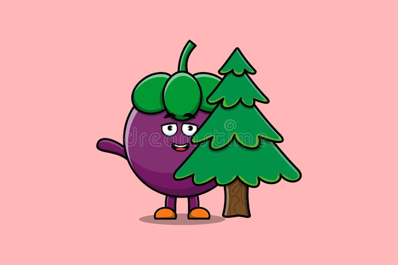 Cute Cartoon Mangosteen Character Hiding Tree Иллюстрация вектора ...