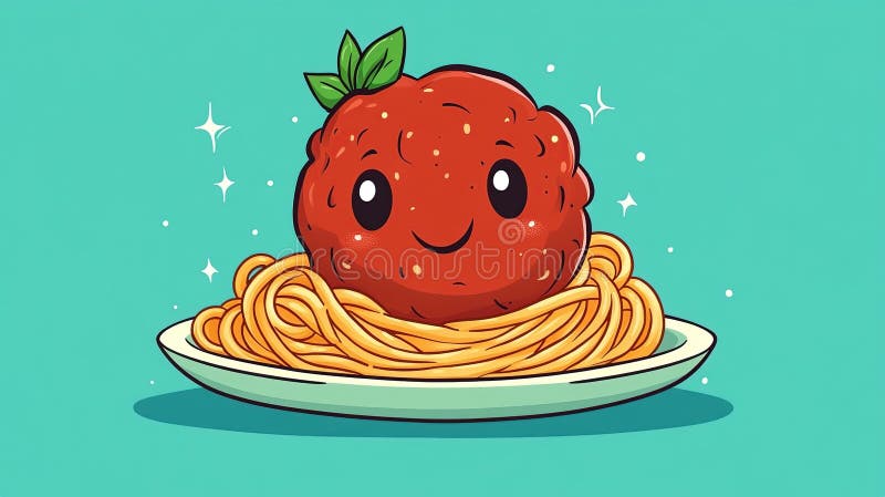 Cute Cartoon Meatball Nestled in Spaghetti on a Plate Stock ...