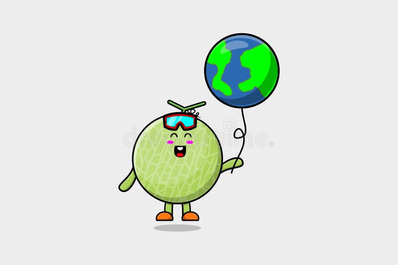 Cute Cartoon Melon Floating with Earth Balloon Stock Vector ...