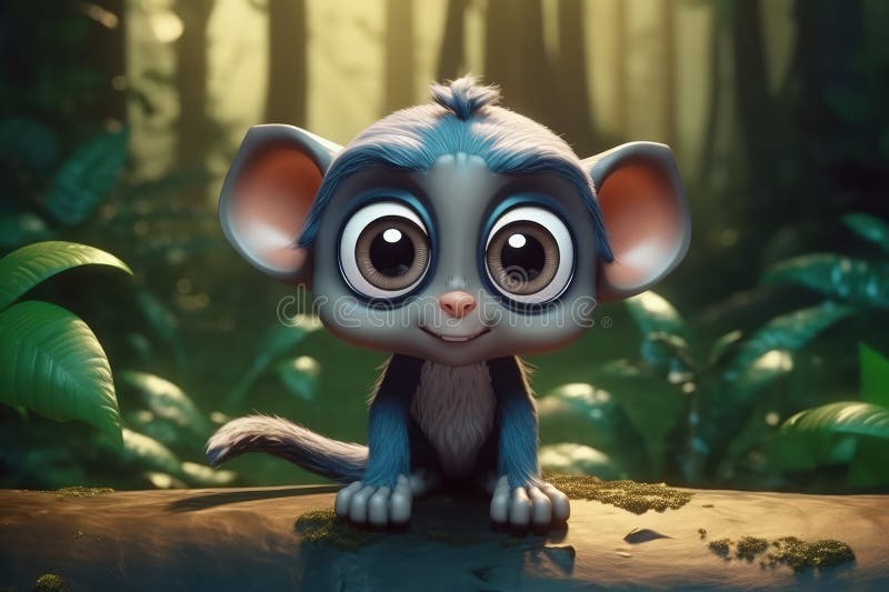 Cute Cartoon Monkey Cat with Very Big Eyes Magic Forest. Generative AI ...