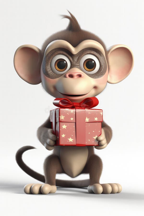 Cute Cartoon Monkey with Very Big Eyes with a Big Gift Box Red Bow ...