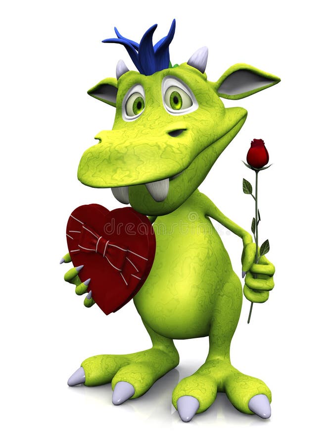 Cute Cartoon Monster Holding Rose and Chocolate. Stock Illustration ...