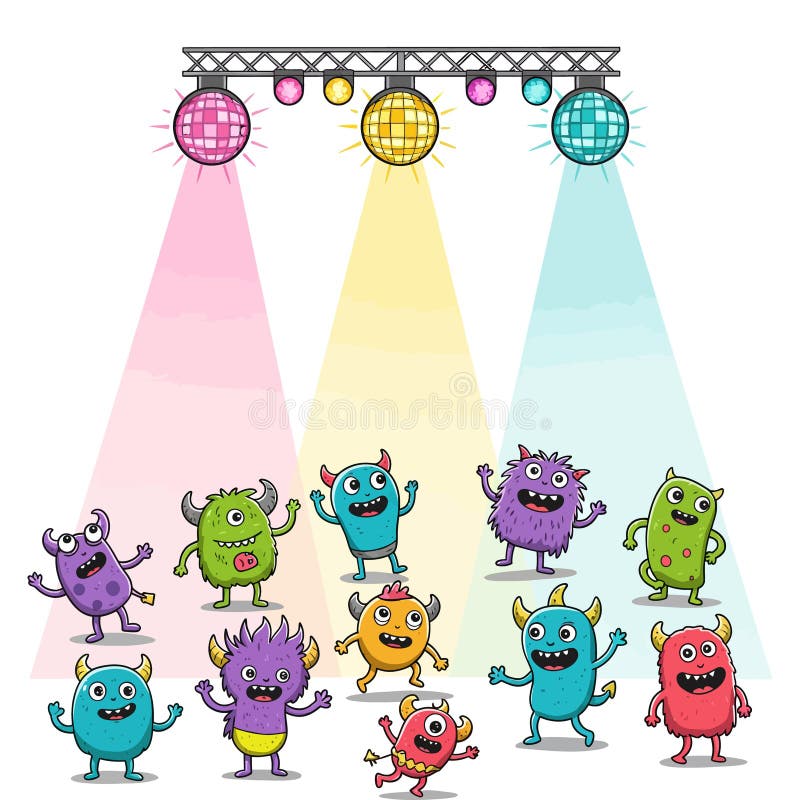 Cute Cartoon Monsters Dancing Under Disco Lights - Party Illustration ...