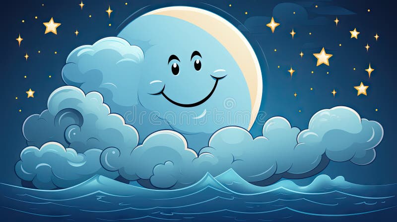 Cute Cartoon Moon and Clouds in the Night Sky. Vector Illustration ...