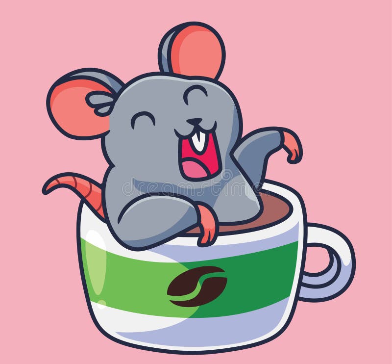 Cute Cartoon Mouse Bathing on Mug Coffee. Isolated Cartoon Animal ...