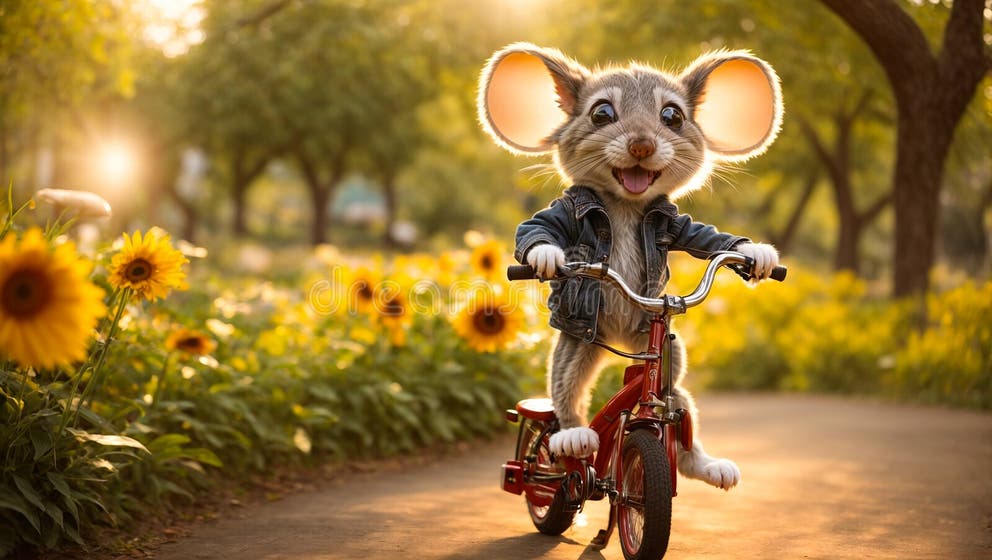 Cute Cartoon Mouse on a Bicycle Good Stock Illustration - Illustration ...