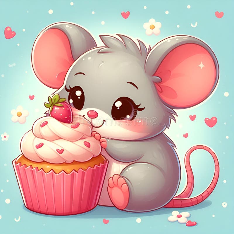 A Cute Cartoon Mouse with a Cupcake Stock Illustration - Illustration ...