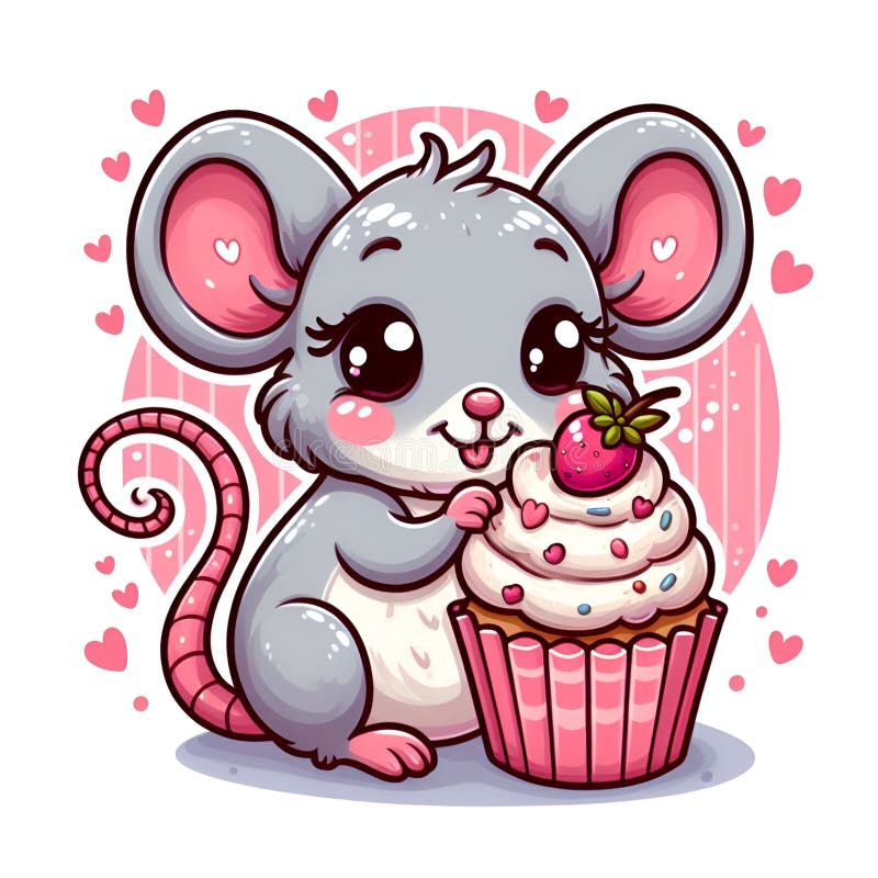 A Cute Cartoon Mouse with a Cupcake Stock Illustration - Illustration ...
