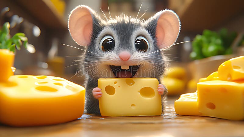 Cute Cartoon Mouse Happily Eating Cheese in Kitchen Stock Illustration ...