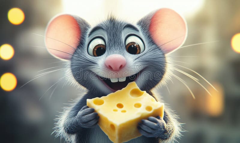 Cute Cartoon Mouse Happily Holding Cheese with a Joyful Expression ...